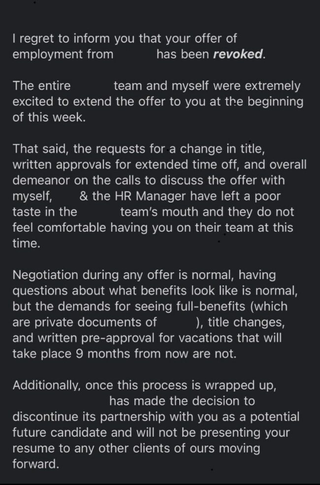 Candidate's Job Offer Revoked And Blacklisted For Requesting Benefits ...