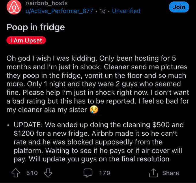 Airbnb Host Finds Frozen Poop In His Fridge After Seemingly Normal ...